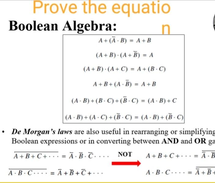 Solved Prove the equatio Boolean Algebra: A+ (A.B) = A + B | Chegg.com
