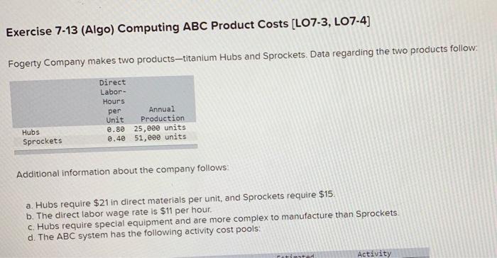Solved Exercise 7-13 (Algo) Computing ABC Product Costs | Chegg.com