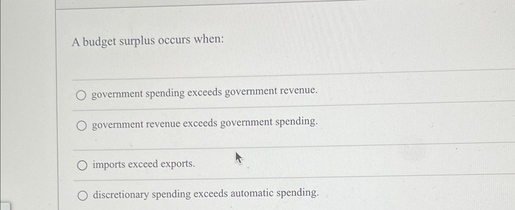 Solved A budget surplus occurs when:government spending | Chegg.com