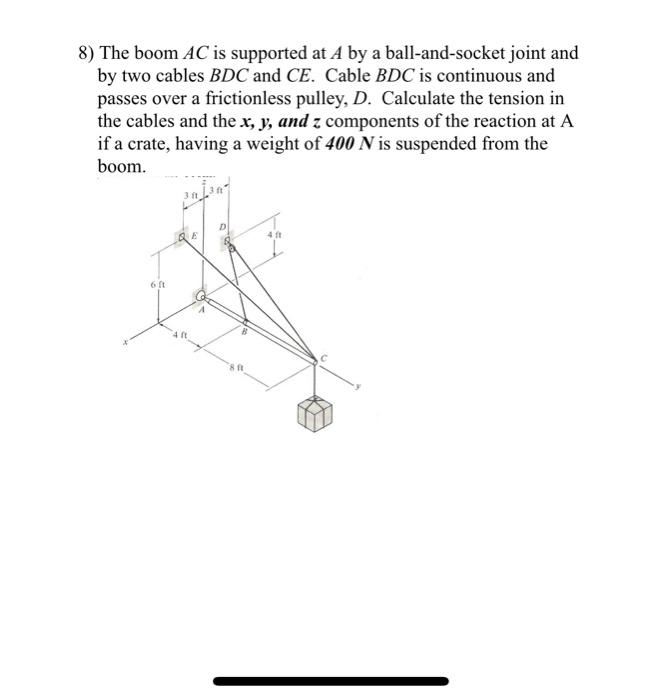 Solved 8) The boom AC is supported at A by a ball-and-socket | Chegg.com
