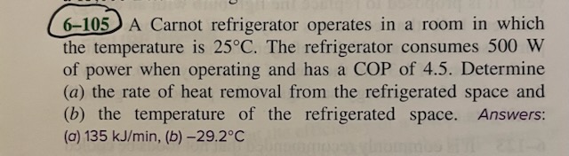 Solved 6-105 ﻿A Carnot refrigerator operates in a room in | Chegg.com