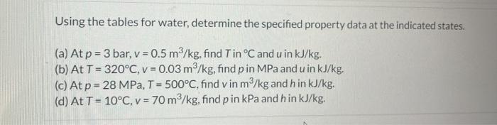 Solved Using the tables for water, determine the specified | Chegg.com