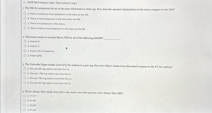 Solved 1. The DRI for potassium for 19 - to 30 -year-old | Chegg.com