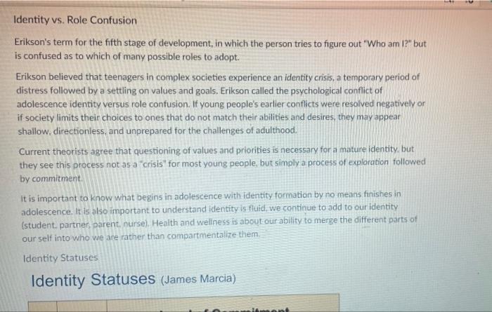 Identity vs. Role Confusion Erikson's term for the | Chegg.com
