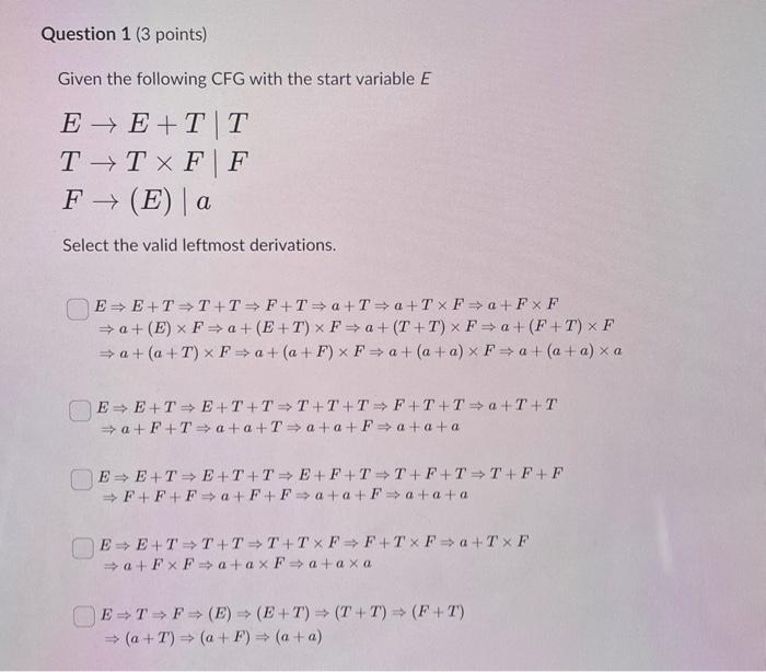 Solved Question 1 (3 points) Given the following CFG with | Chegg.com
