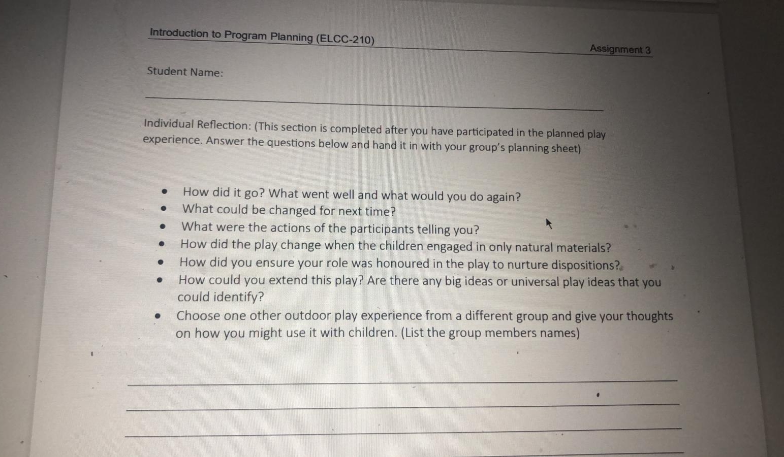 Solved Introduction to Program Planning (ELCC-210)Assignment | Chegg.com