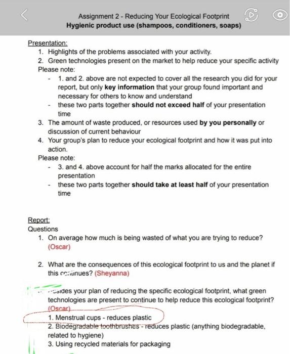 Solved Assignment 2 - Reducing Your Ecological Footprint | Chegg.com