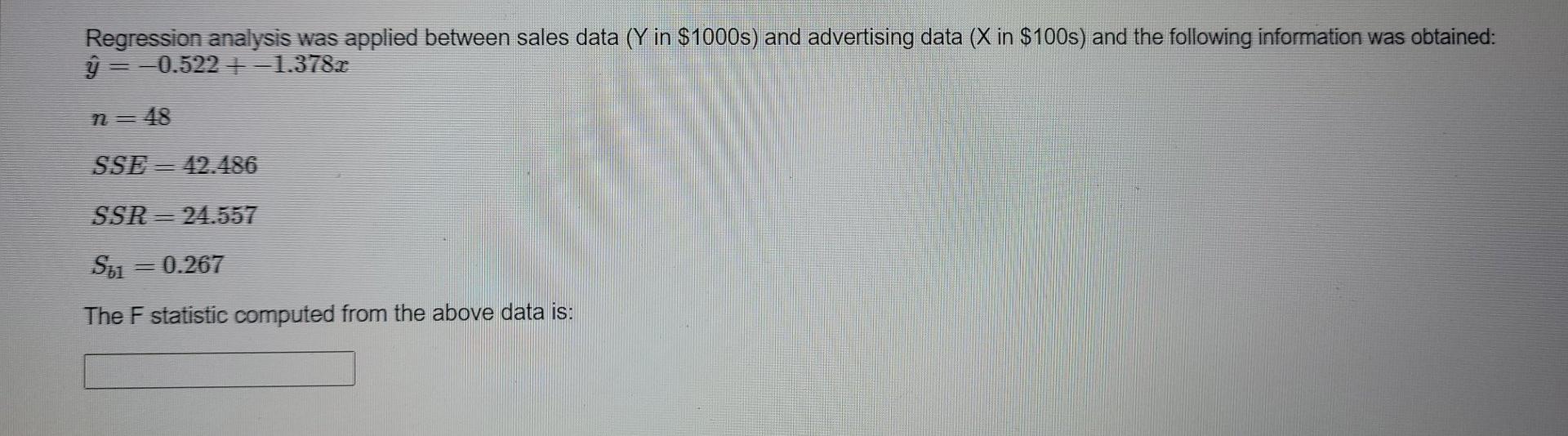 Solved Regression Analysis Was Applied Between Sales Data Y