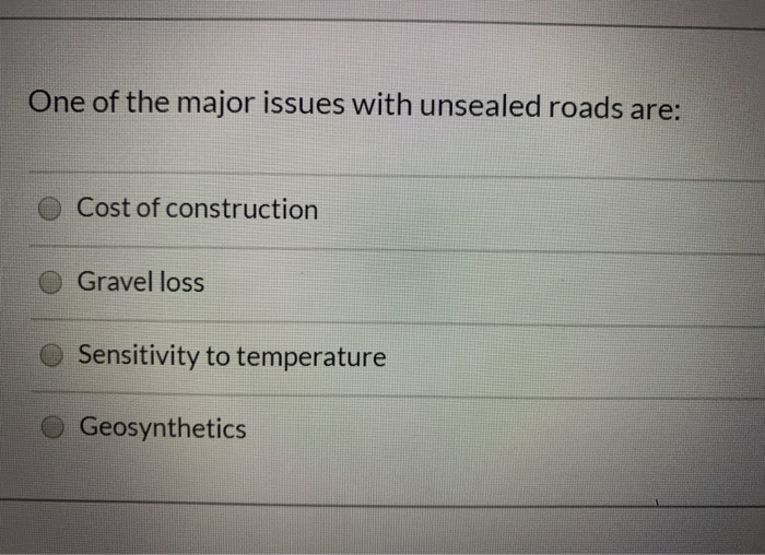 Solved One of the major issues with unsealed roads are: Cost | Chegg.com