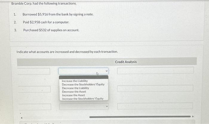 Bramble Corp. had the following transactions. 1. | Chegg.com