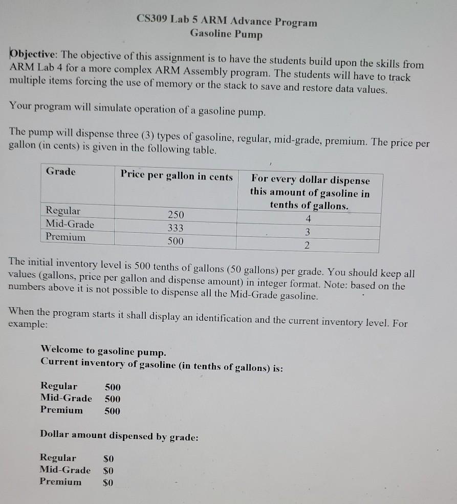 Solved CS309 Lab 5 ARM Advance Program Gasoline Pump | Chegg.com
