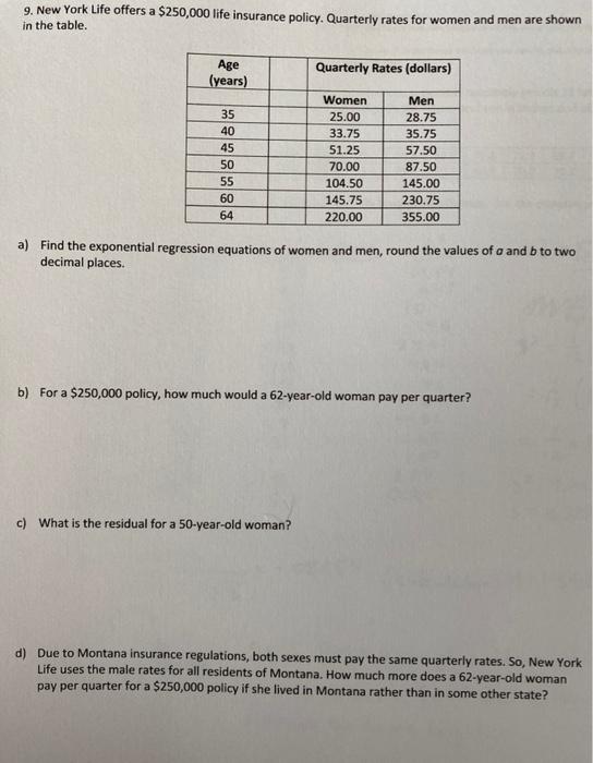 Solved 9. New York Life offers a $250,000 life insurance | Chegg.com