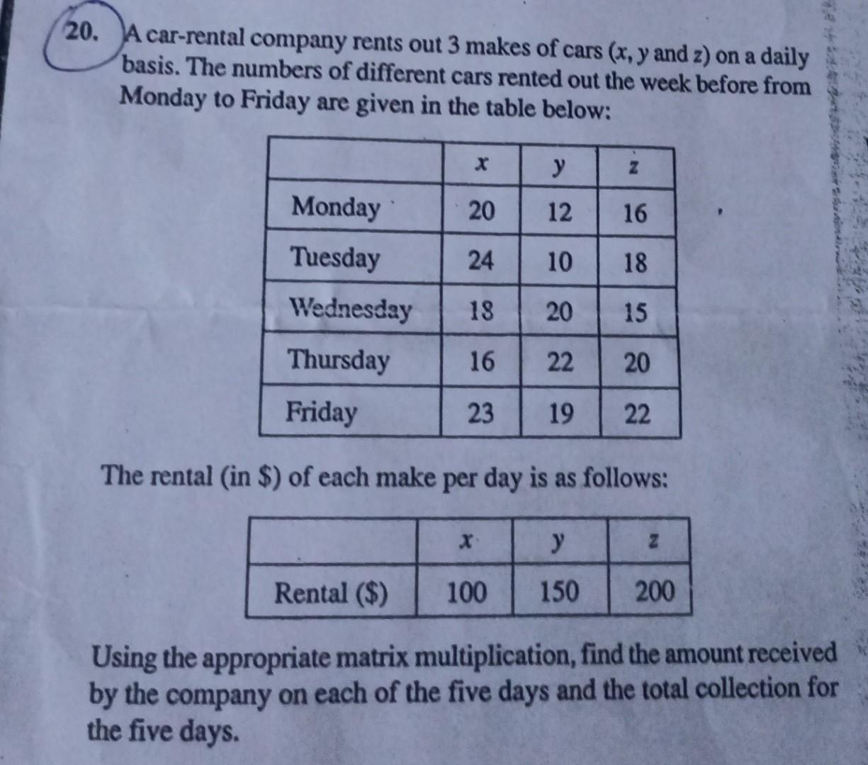 Solved 20. A car-rental company rents out 3 makes of cars | Chegg.com