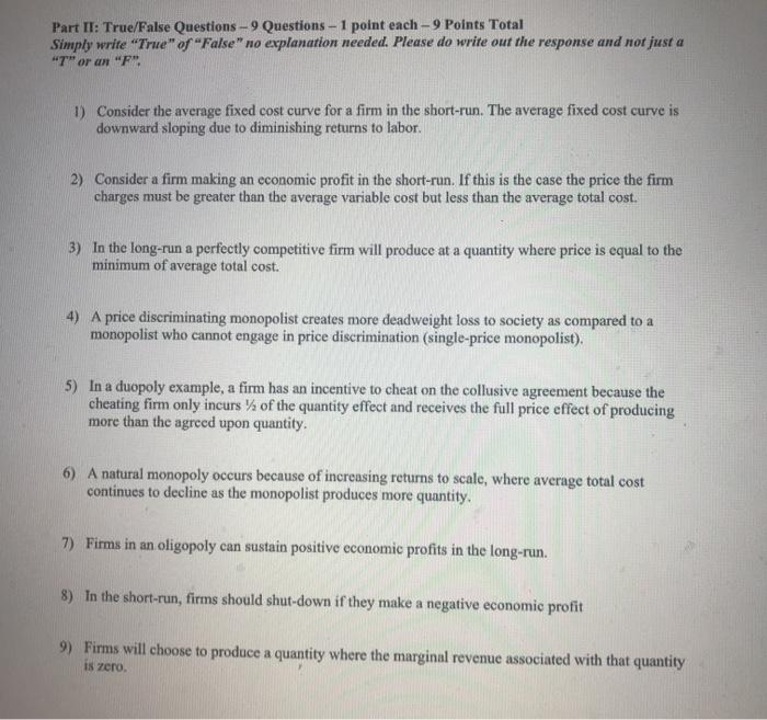 Solved Part II: True/False Questions -- 9 Questions - 1 | Chegg.com