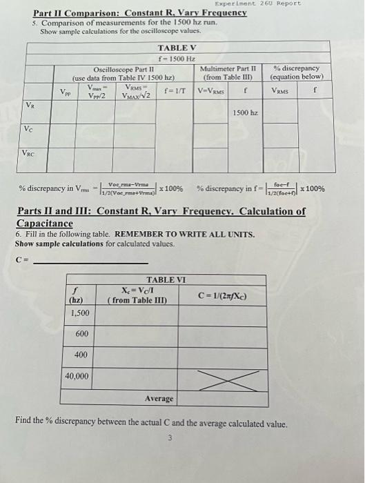 Part I 1) Using your measured values of VR and VC | Chegg.com