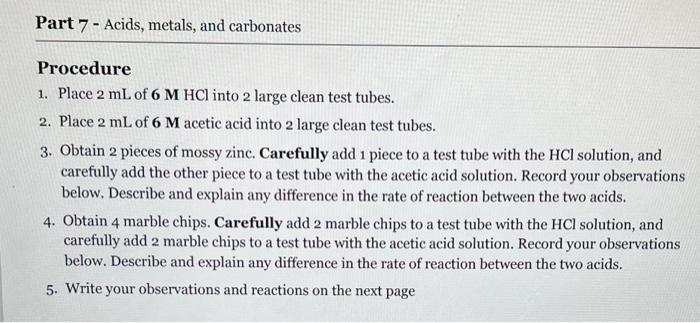Solved Procedure 1. Place 2 mL of 6MHCl into 2 large clean | Chegg.com