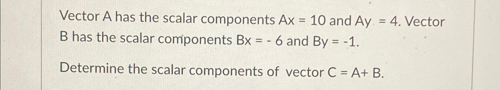 Solved Vector A has the scalar components Ax=10 ﻿and Ay=4. | Chegg.com