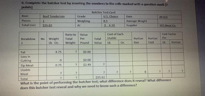 Solved 6. Complete the butcher test by inserting the numbers | Chegg.com