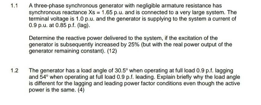 Solved 1.1 A three-phase synchronous generator with | Chegg.com