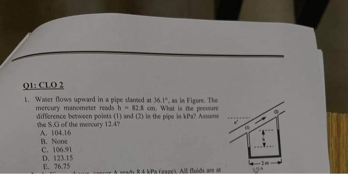Solved 1. Water flows upward in a pipe slanted at 36.1∘, as | Chegg.com