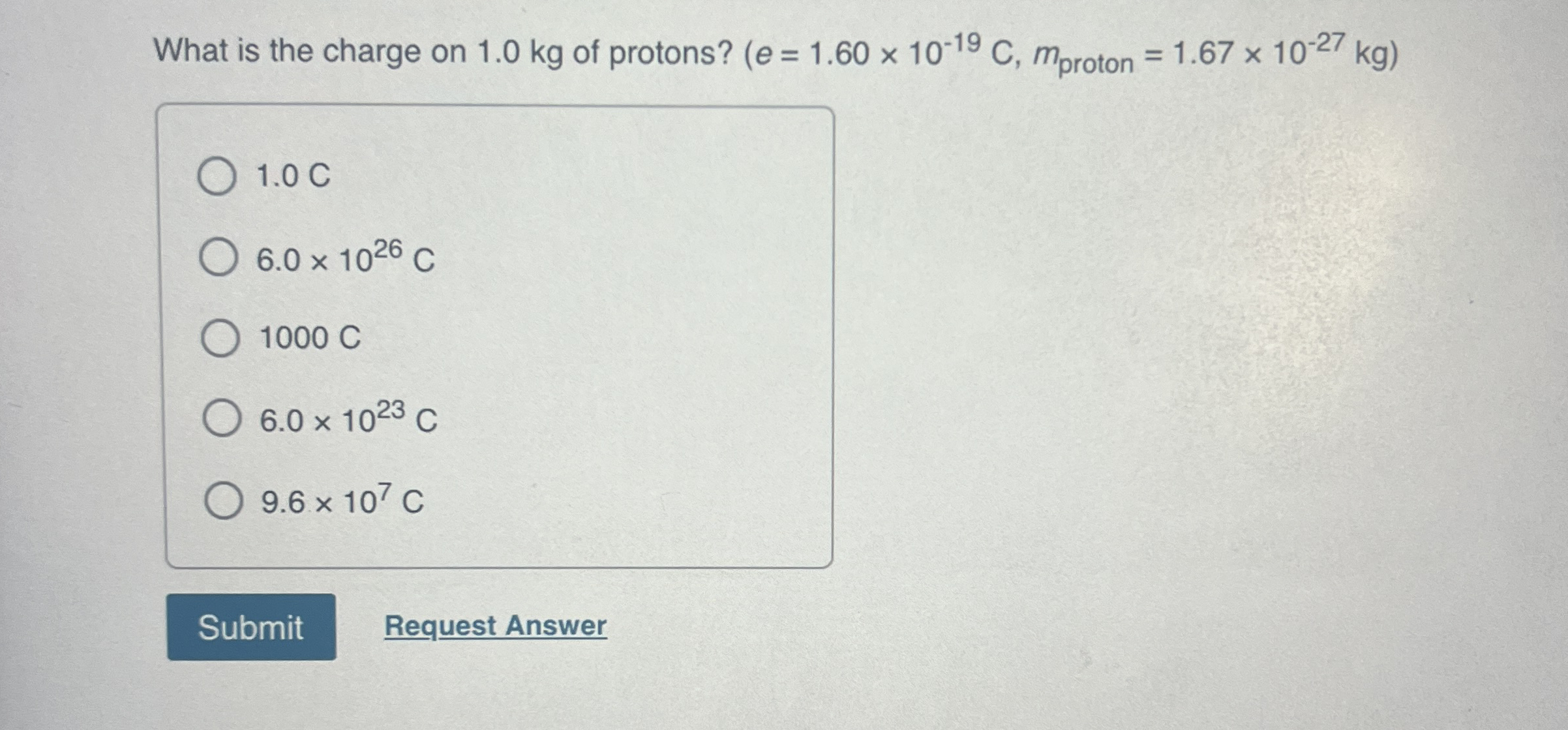Solved What is the charge on 1.0 ﻿kg of protons? | Chegg.com