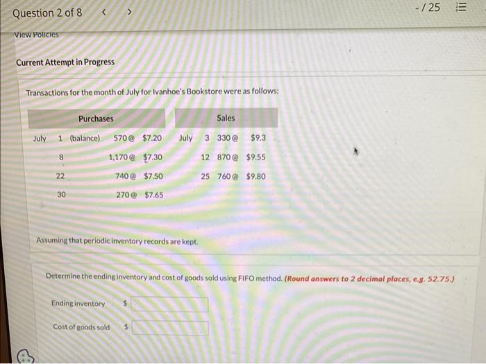 Solved Current Attempt in Progress Transactions for the | Chegg.com
