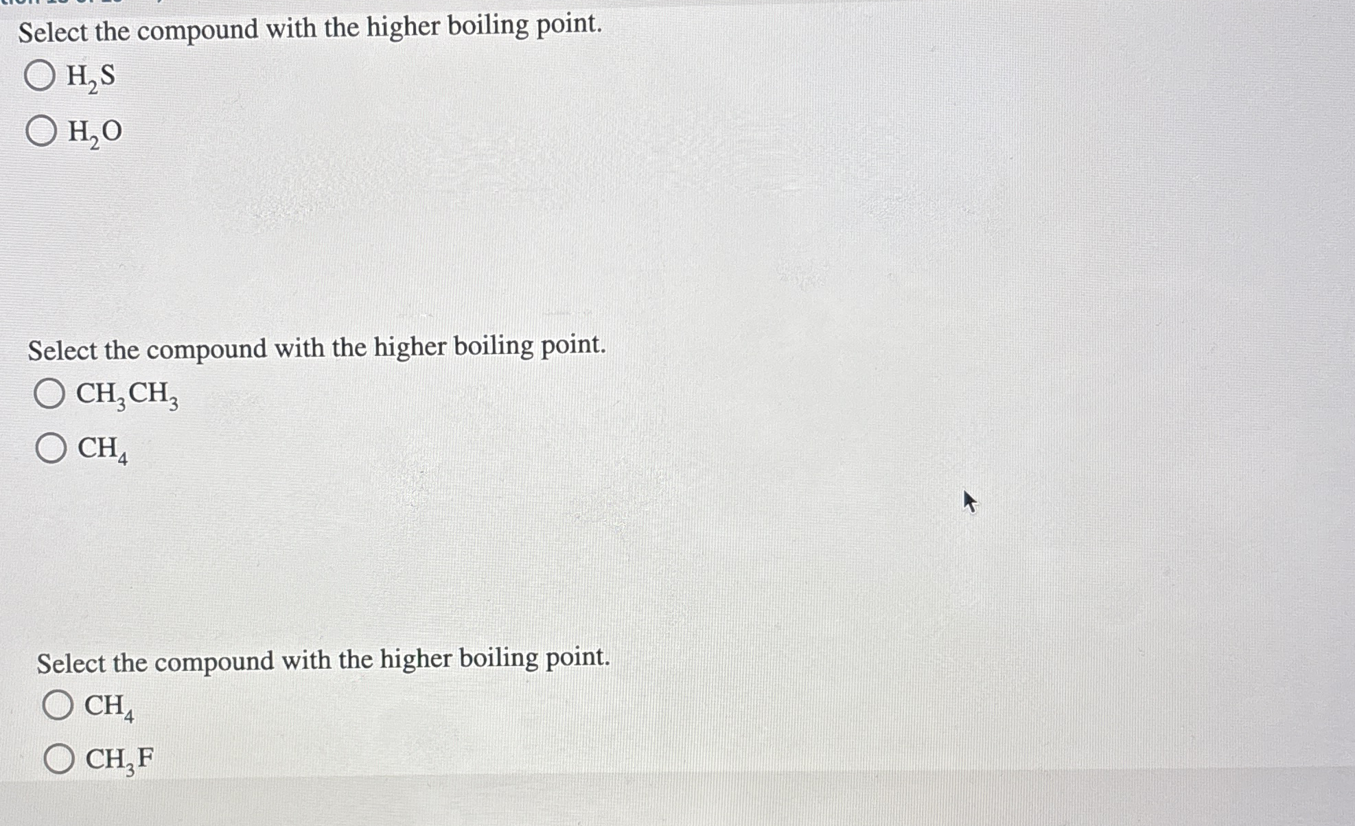 Solved Select the compound with the higher boiling | Chegg.com