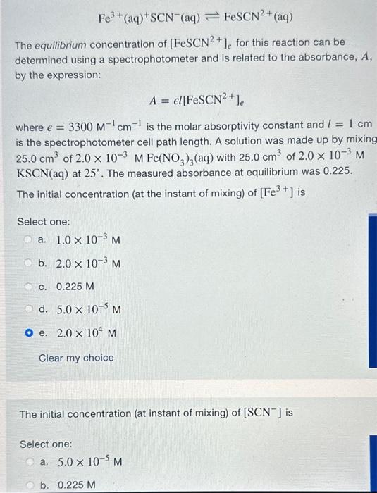 Solved Fe3+(aq)+SCN−(aq)⇌FeSCN2+(aq) The equilibrium | Chegg.com
