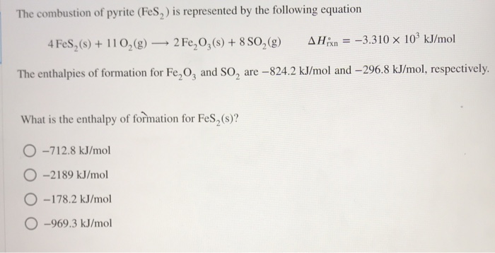 Solved The combustion of pyrite (Fes,) is represented by the | Chegg.com