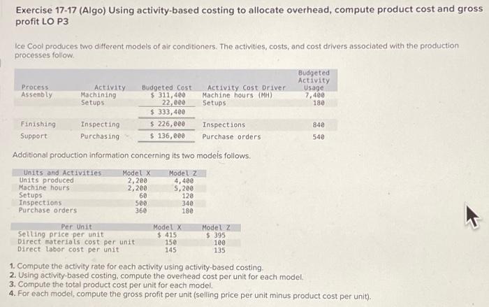Solved Exercise 17-17 (Algo) Using activity-based costing to | Chegg.com Solved Exercise 17-17 (Algo) Using activity-based costing to | Chegg.com