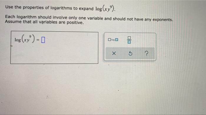 Solved Use the properties of logarithms to expand log(xy'). | Chegg.com