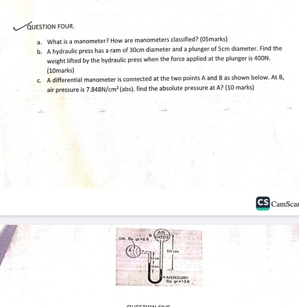 Solved QUESTION FOUR.a. ﻿What is a manometer? How are | Chegg.com