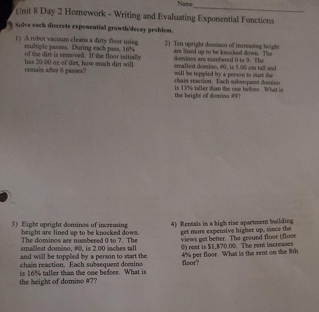 Solved Unit 8 Day 2 Homework - Writing and Evaluating | Chegg.com
