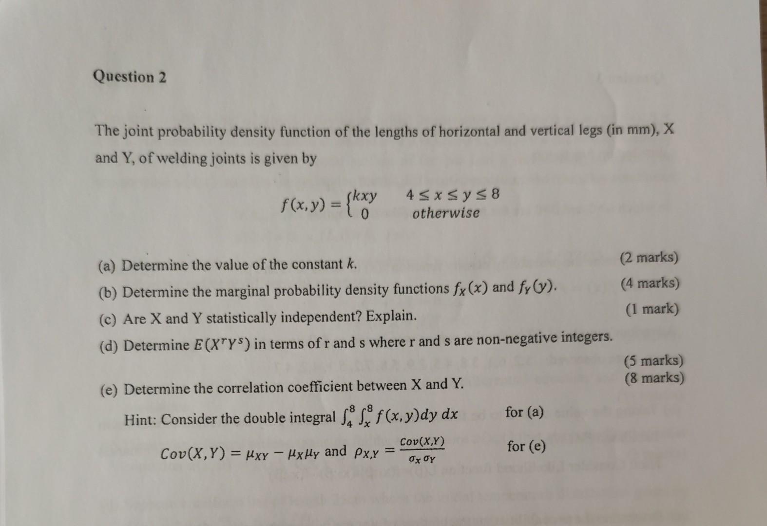Solved Question 2 The joint probability density function of | Chegg.com