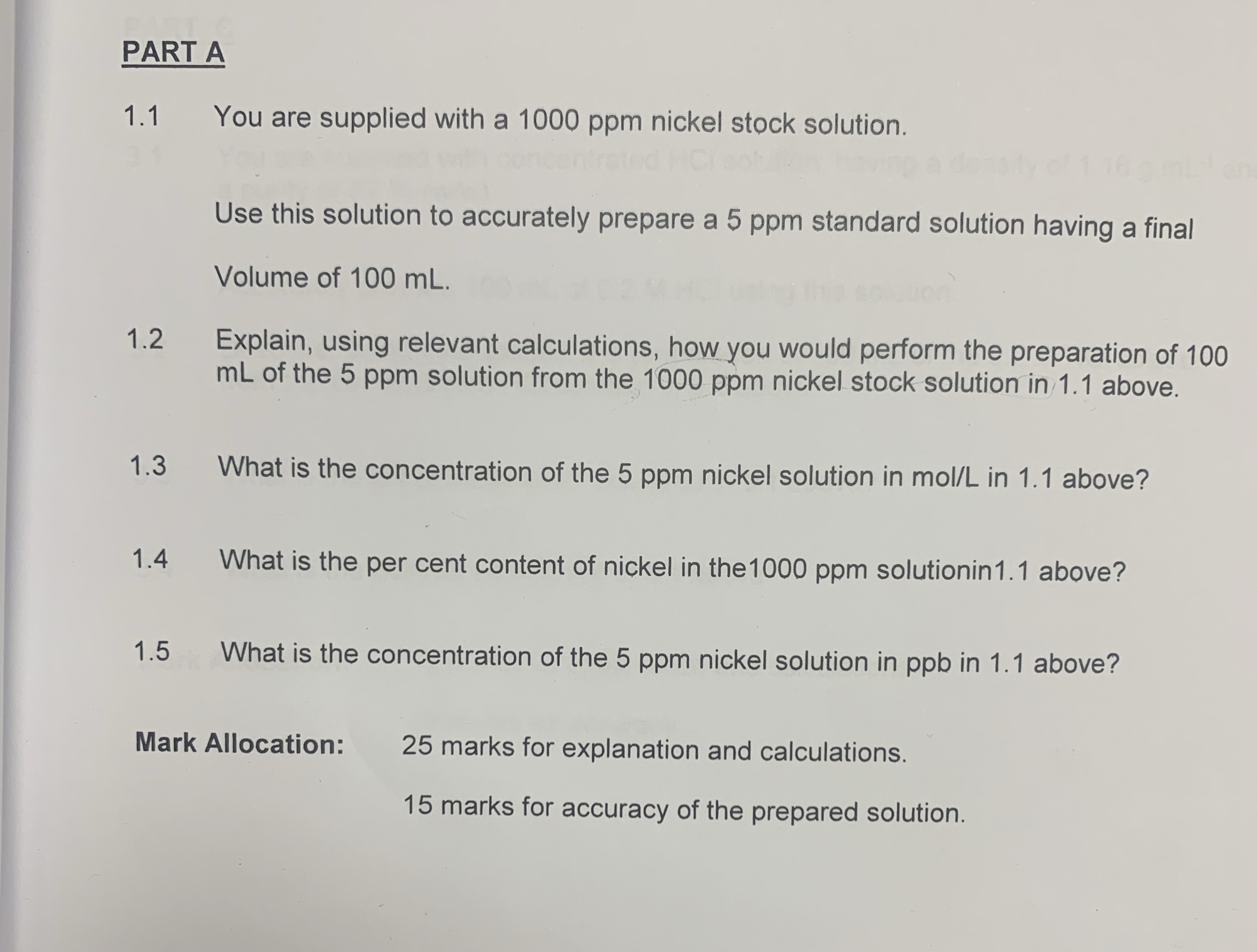 Solved PART A1.1 ﻿You are supplied with a 1000 ﻿ppm nickel | Chegg.com