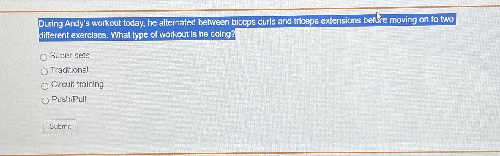 Solved During Andy's workout today, he alternated between | Chegg.com