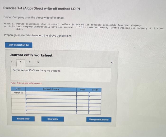 Solved Exercise 7-4 (Algo) Direct write-off method LO P1 | Chegg.com