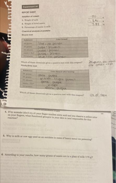 Solved Experiment 44 REPORT SHEET Isolation of casein 1. | Chegg.com
