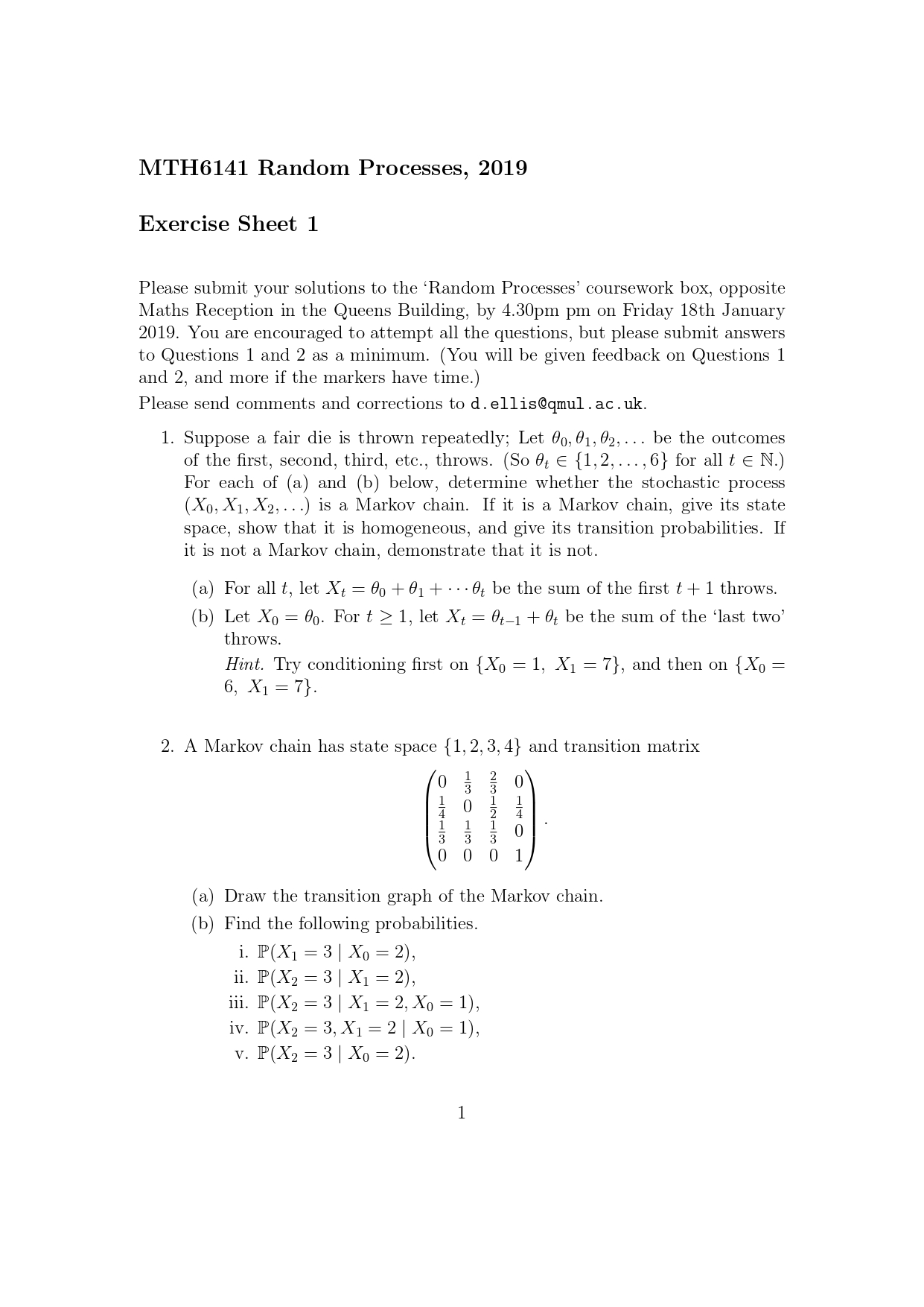 Solved MTH6141 ﻿Random Processes, 2019Exercise Sheet 1Please | Chegg.com