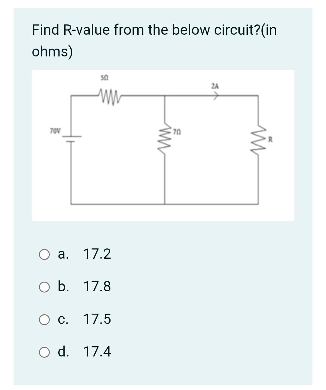 Solved Find R-value from the below circuit? (in ohms) 50 2A | Chegg.com