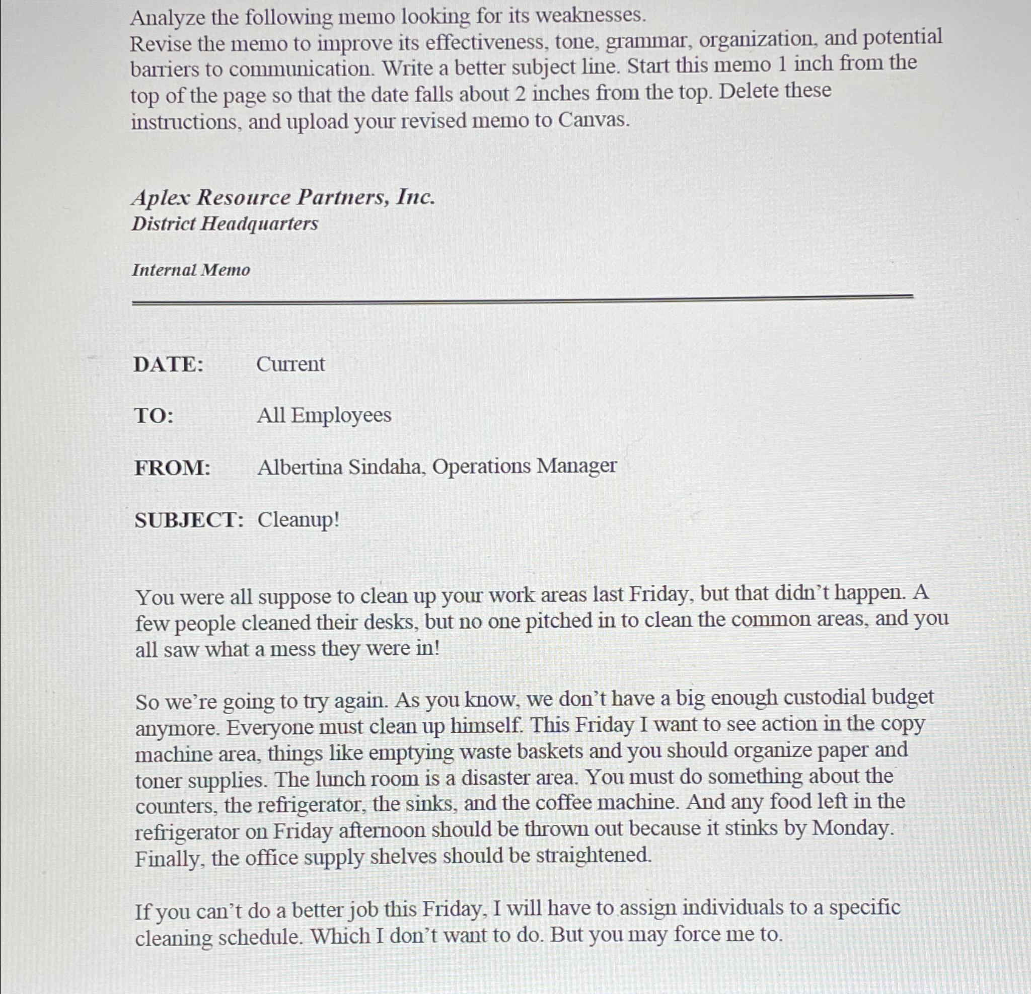 Solved Analyze the following memo looking for its | Chegg.com