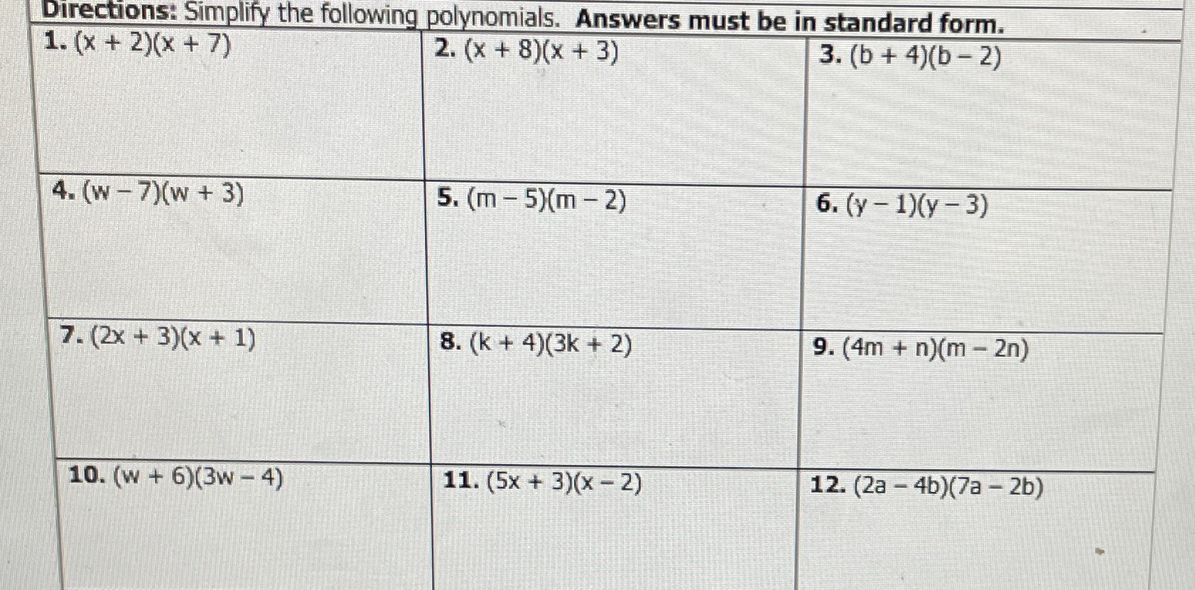 Solved \table[[Directions: Simplify the following | Chegg.com