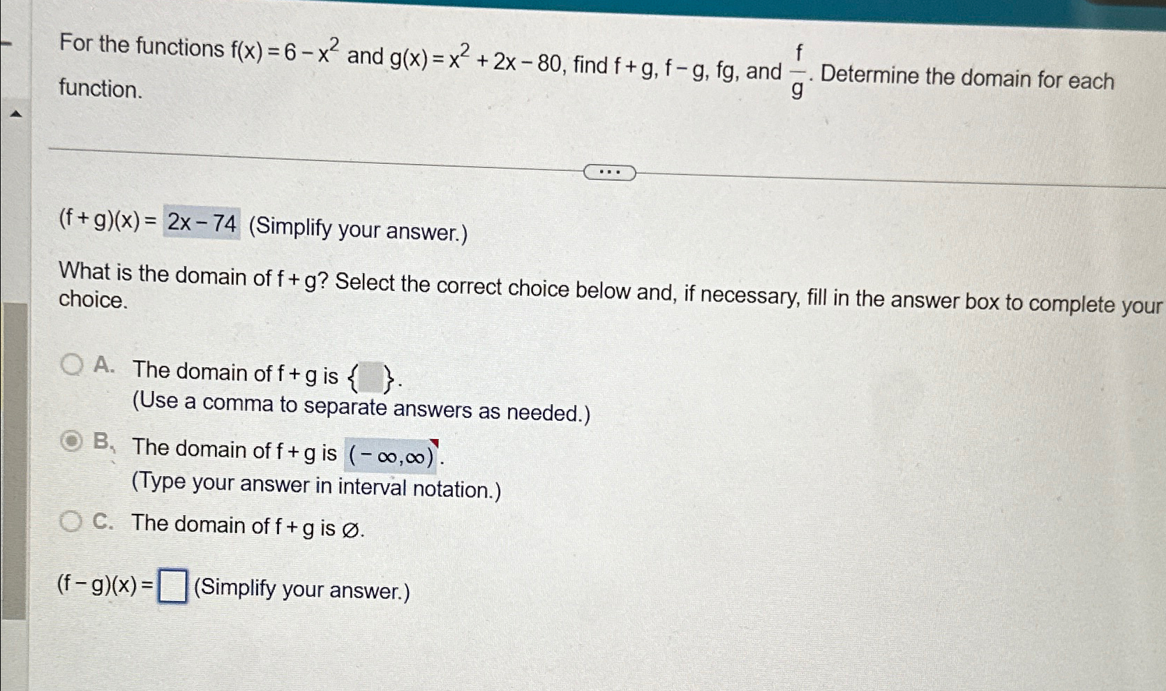 Solved For the functions f(x)=6-x2 ﻿and g(x)=x2+2x-80, ﻿find | Chegg.com