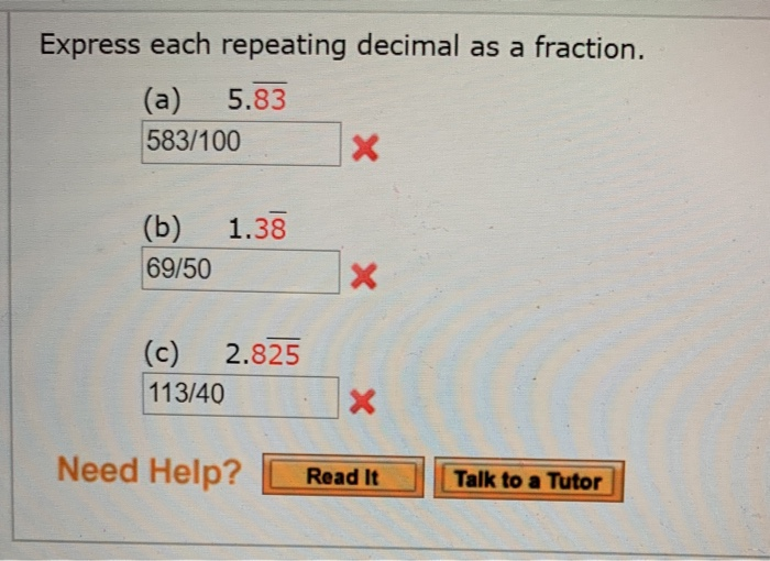 Solved Express each repeating decimal as a fraction. (a) | Chegg.com