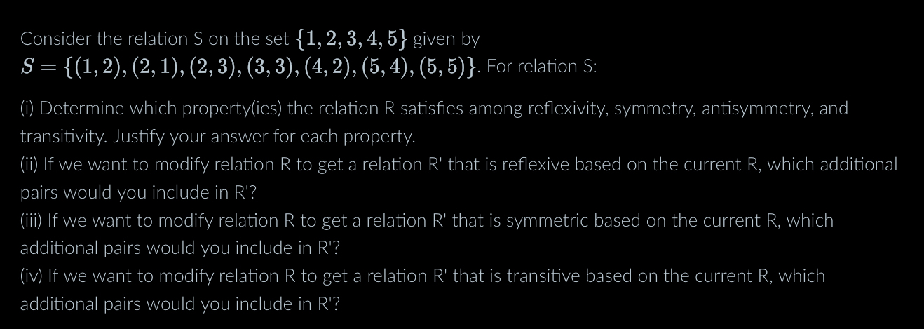 Solved Consider the relation S ﻿on the set {1,2,3,4,5} | Chegg.com