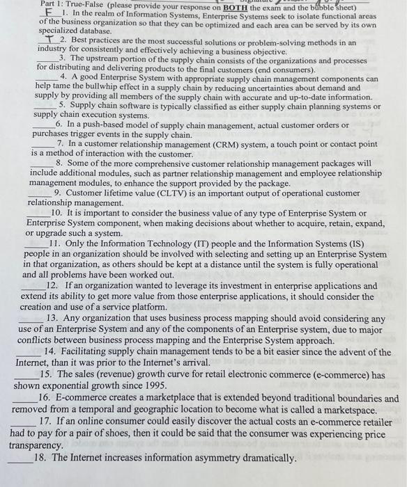 Solved Part 1: True-False (please provide your response on | Chegg.com