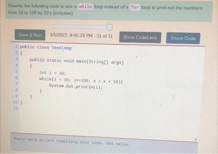 Solved The following code should print the values from 1 to | Chegg.com