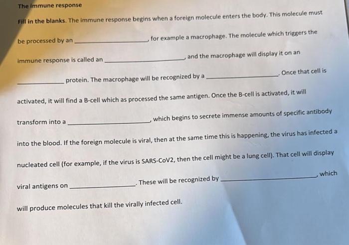 Solved The immune response Fill in the blanks. The immune | Chegg.com
