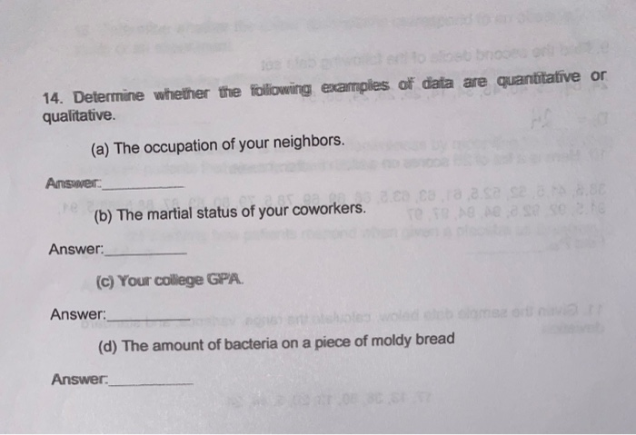 Solved 14. Determine whether the following examples of data | Chegg.com