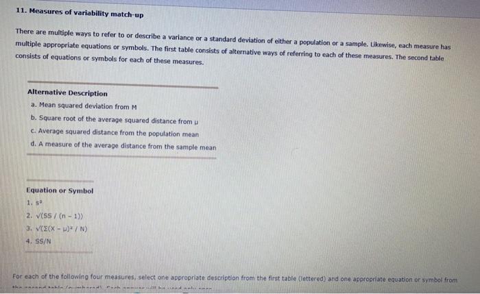 Solved 11. Measures of variability match-up There are | Chegg.com